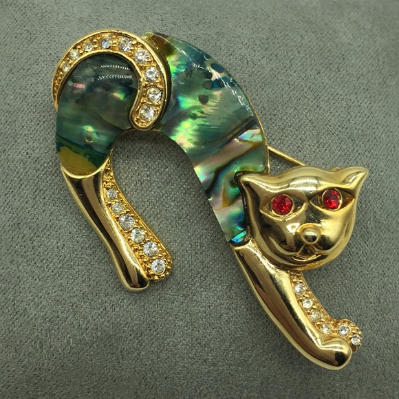 Jewelry | Stunning Gold Arched Cat Ruby Rhinestone Eyes Abalone Shell ...